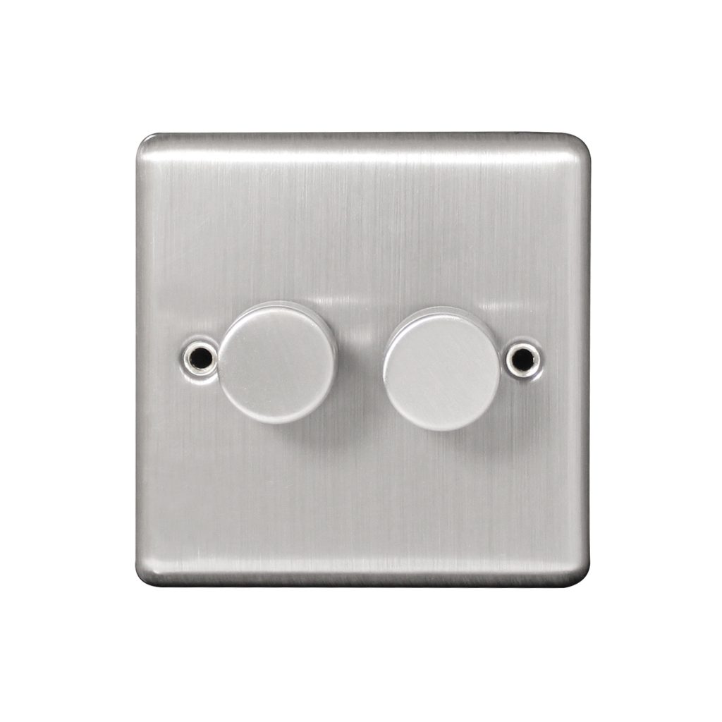 Dimmer 2 Gang 2 Way 250W Screwed Brushed Stainless Steel - Arlec UK