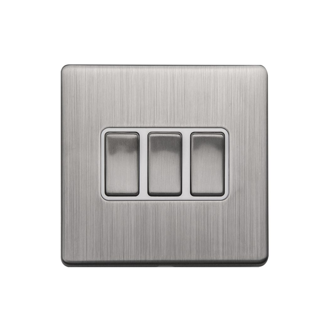 Switch 3 Gang 2 Way 10A Screwless Brushed Stainless Steel - Arlec UK