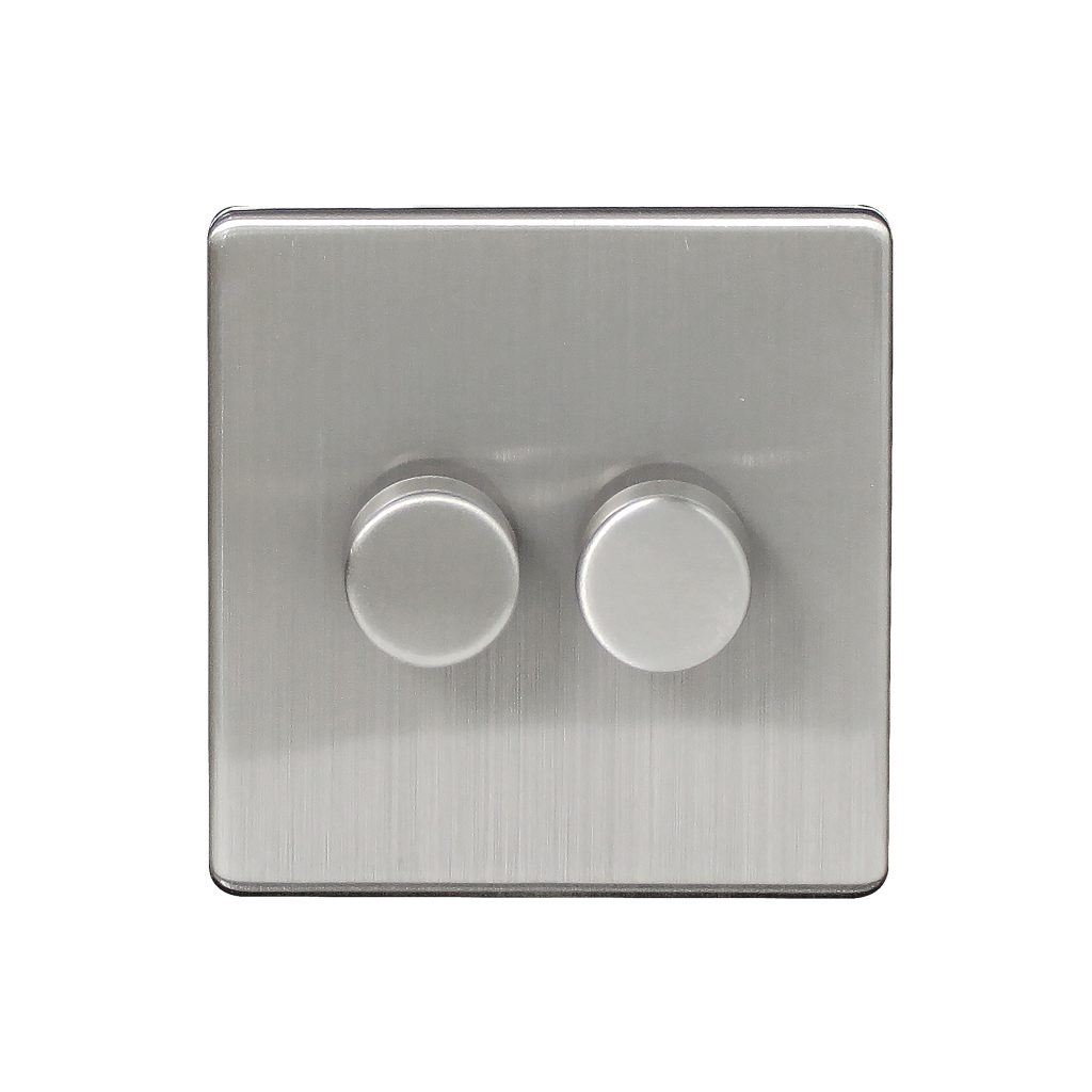 Dimmer 2 Gang 2 Way 250W Screwless Brushed Stainless Steel - Arlec UK